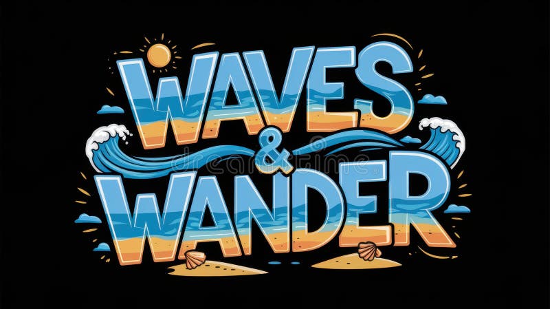 Waves and Wander Graphic Design with Beach and Ocean Elements on Black ...