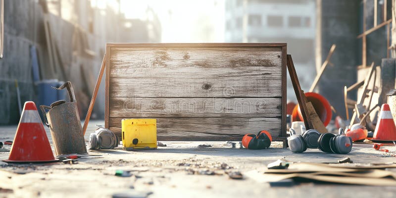 A Bold Wooden Construction Warning Sign Held Up by Brackets, Marking an ...