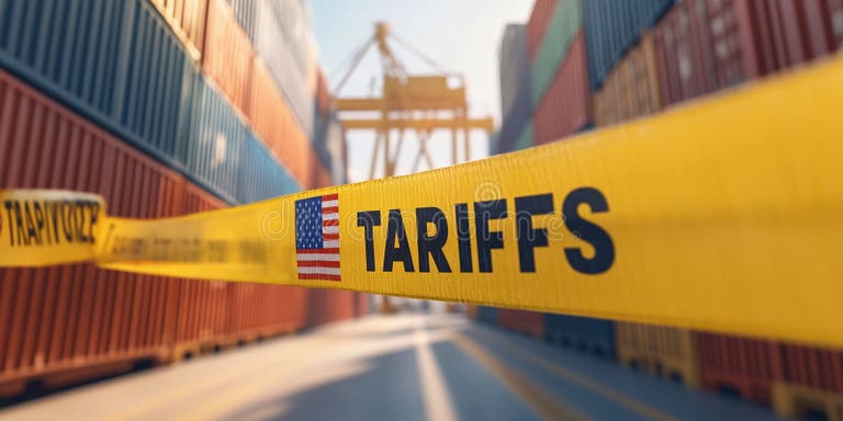 Bold Yellow Caution Tape with Word TARIFFS in Shipping Yard Stock ...