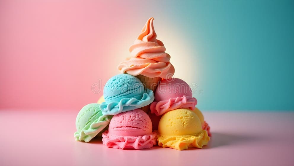 Boldly Colored Ice Cream Scoops in a Vibrant, Glowing Cone Stock ...