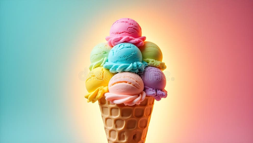 Boldly Colored Ice Cream Scoops in a Vibrant, Glowing Cone Stock ...