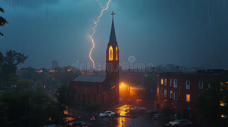 Lightning Strikes Church Steeple during Heavy Rainstorm in Urban Area ...