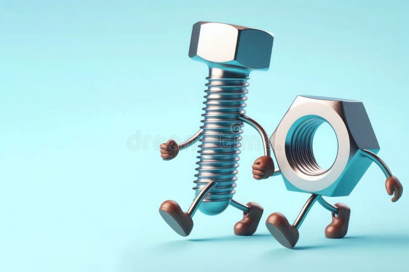 Bolt and Nut Walking Together Holding Hands. Space for Text. Stock ...