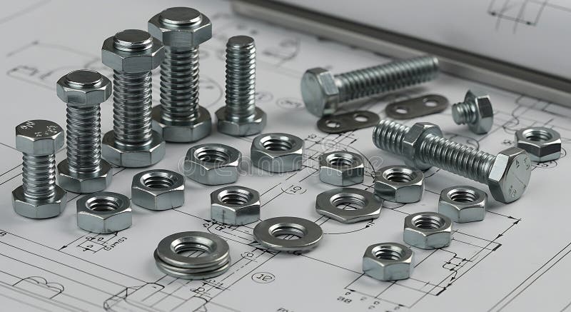 Bolts and Nuts Arranged on Technical Drawing Blueprint Stock ...