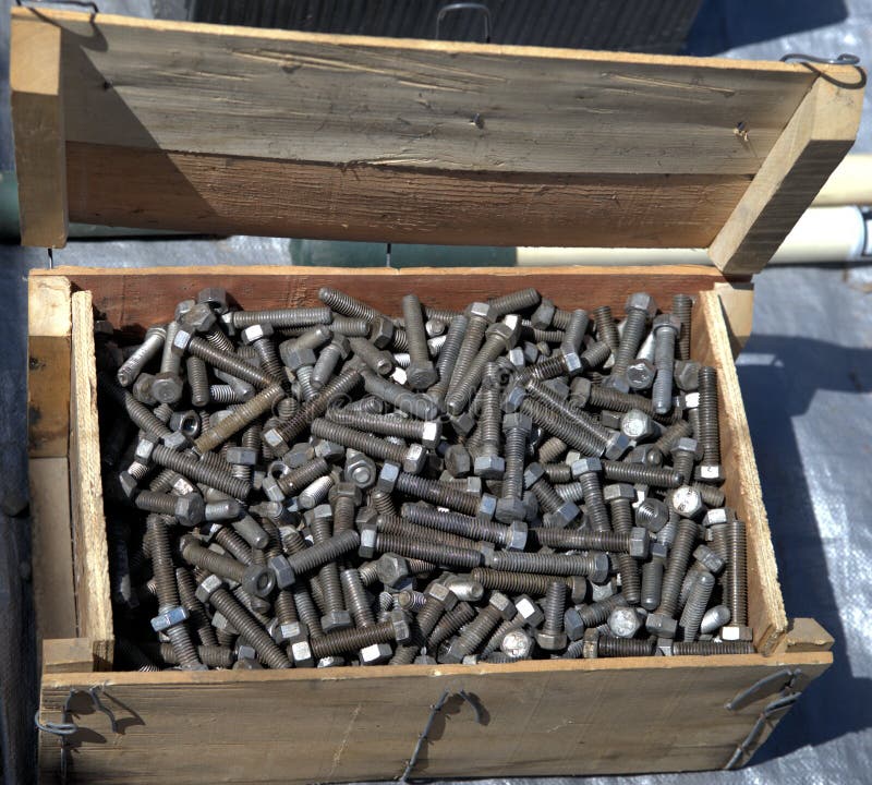 Bolts and Nuts in a Wooden Box Stock Image - Image of steel, bolts ...