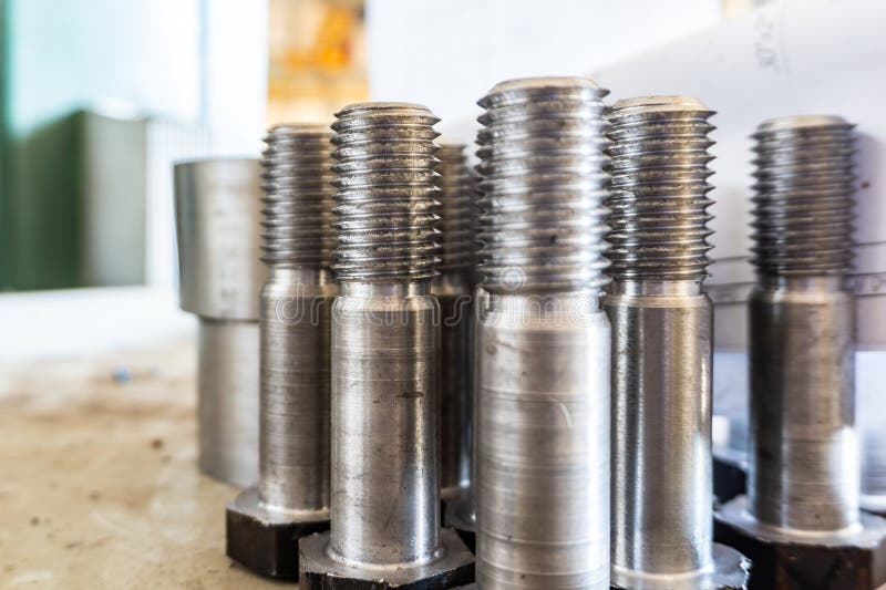 Bolts with Thread after Turning are on the Rack. Stock Image - Image of ...
