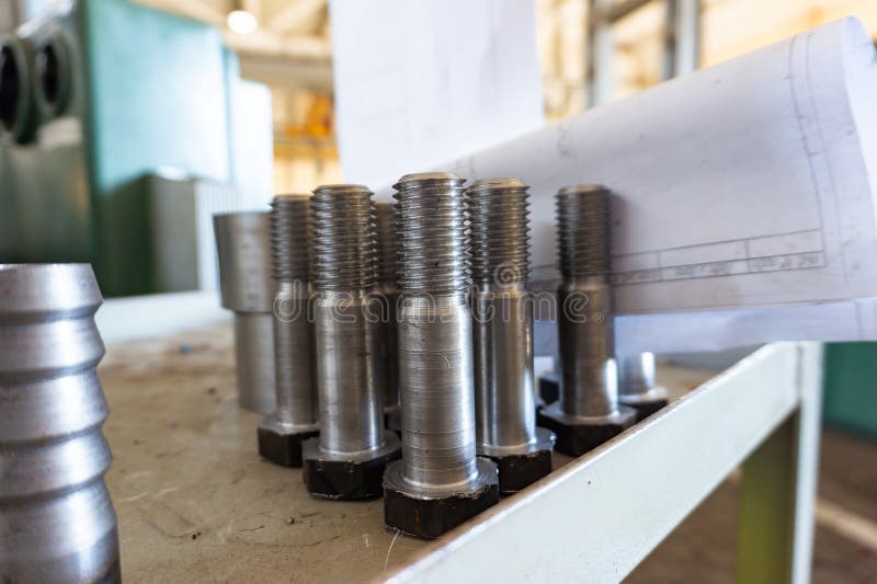 Bolts with Thread after Turning are on the Rack. Stock Image - Image of ...