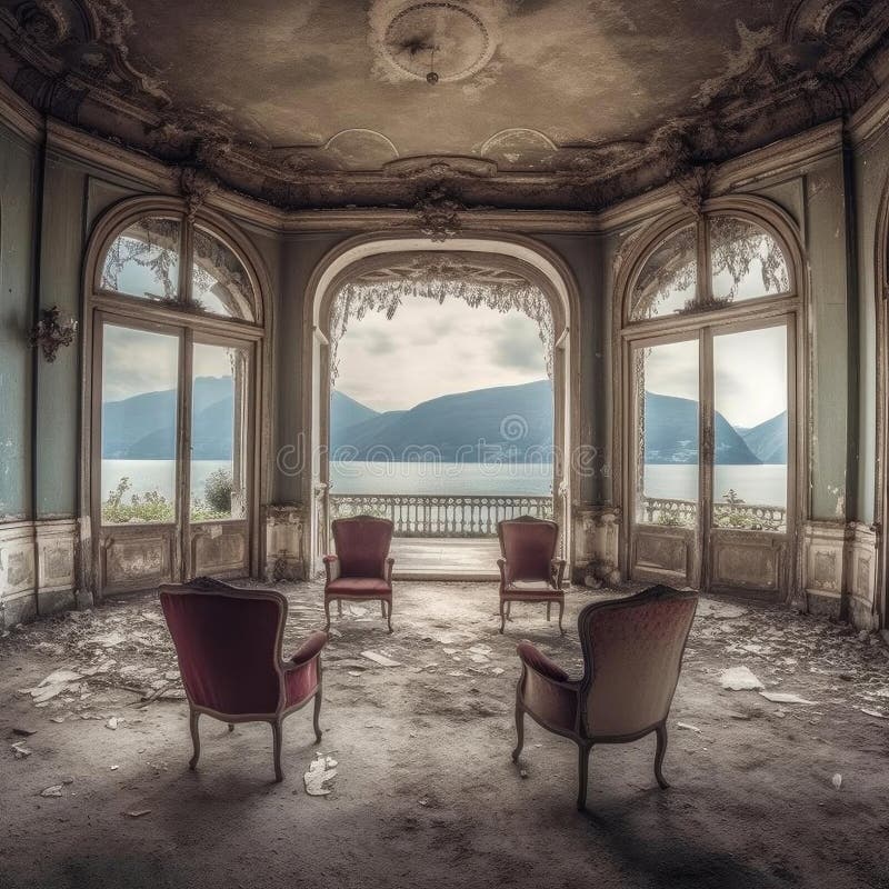 A Bombed-out Hotel with Broken Windows and Remnants of Furniture Stock ...