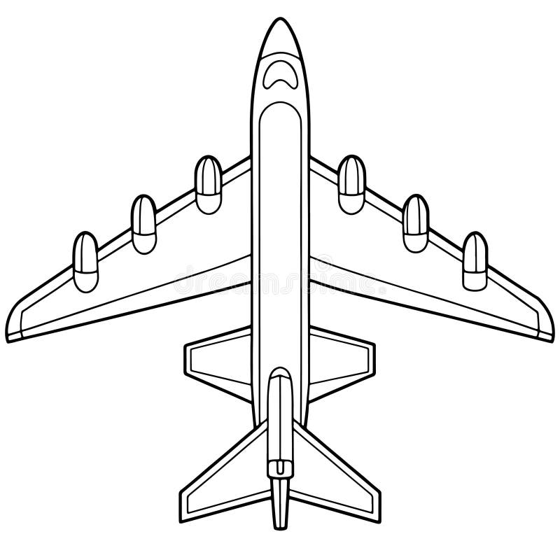 Bomber Aircraft Drawing from Top View in Black and White Illustration ...
