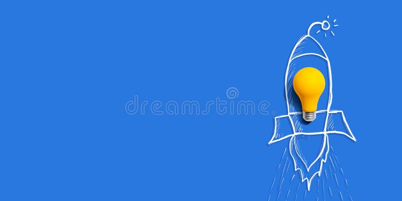 Bombilla De Ideas Volando Al Cielo Como Un Cohete Imagen de archivo ...