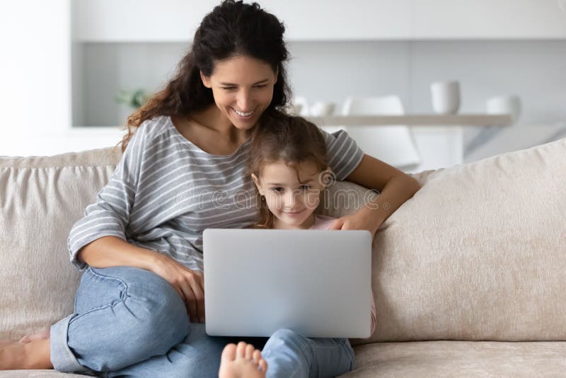 Bonding Happy Family Using Computer Applications at Home. Stock Image ...