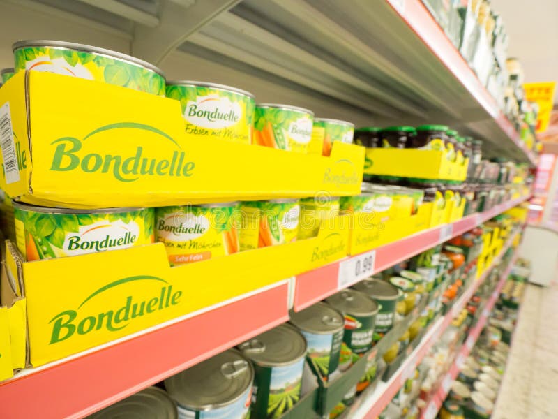 Logo of Bonduelle on Cans of Tinned Food, Vegetables, Lentils and Peas ...