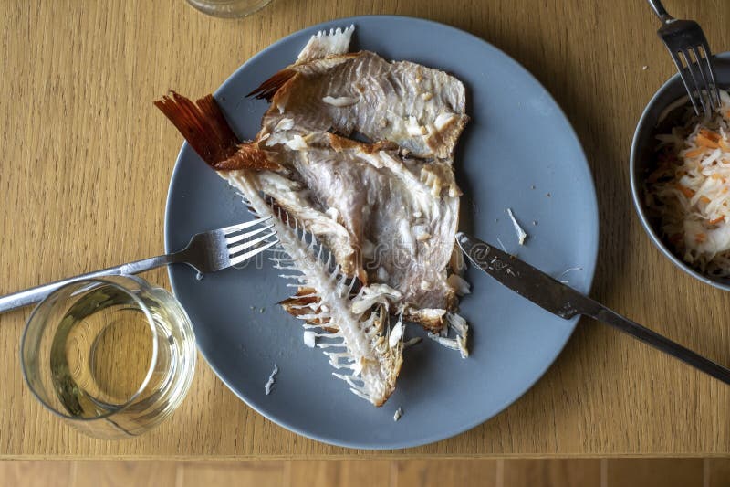 Bones and Skin of the Eaten Fish Stock Image - Image of skin, leftovers ...