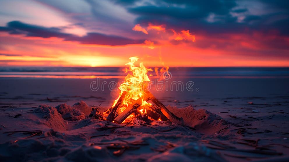 Bonfire on the beach. stock illustration. Illustration of light - 308561863