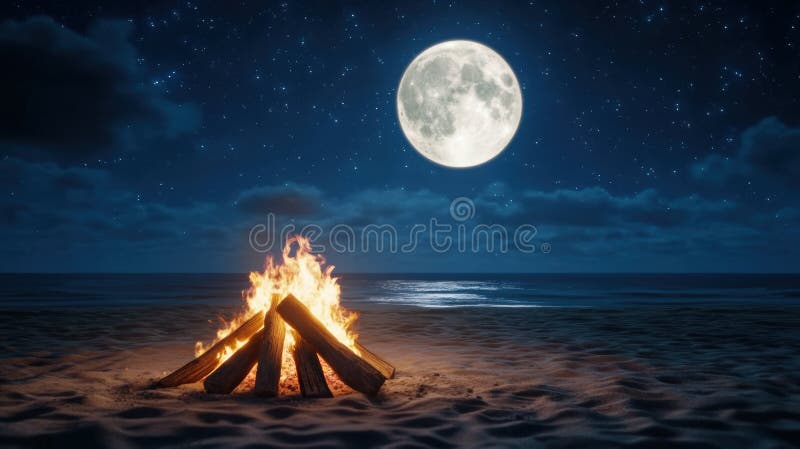 A Bonfire on the Beach with a Full Moon in the Sky, AI Stock Image ...