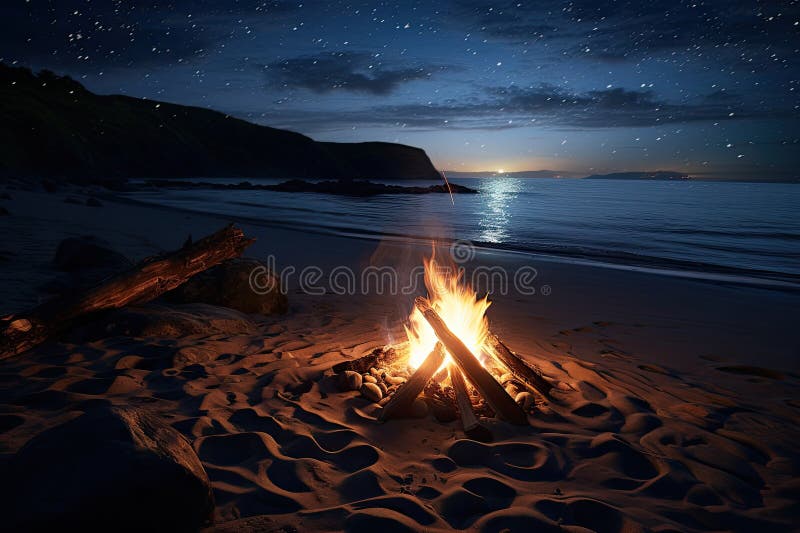 Bonfire on the Beach at Night in the Moonlight. 3d Rendering, AI ...