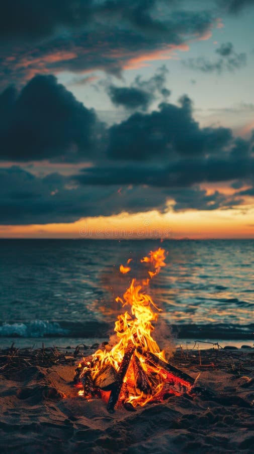 Bonfire on the Beach at Sunset Stock Image - Image of warmth, generated ...