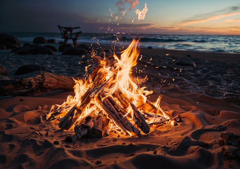 Bonfire on the Beach at Sunset. Camping on the Beach Stock Illustration ...