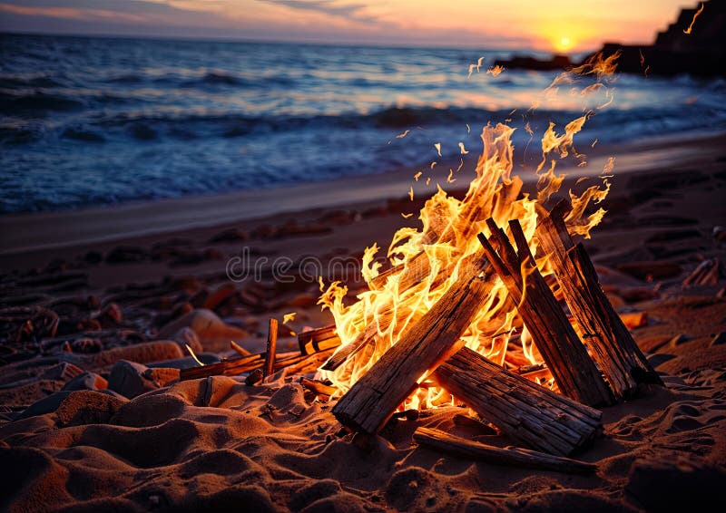 Bonfire on the Beach at Sunset. Camping on the Sea. Stock Illustration ...