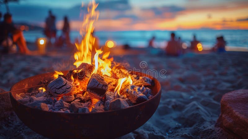 A Bonfire on the Beach at Sunset with People. Stock Image - Image of ...