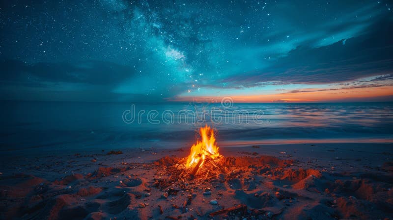 Bonfire on a Beach Under a Starry Sky at Twilight Stock Image - Image ...