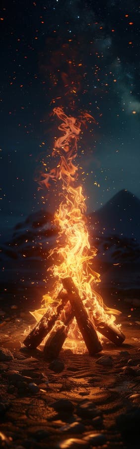 A Bonfire Blazes in the Desert, Lighting Up the Dark Night Under a ...