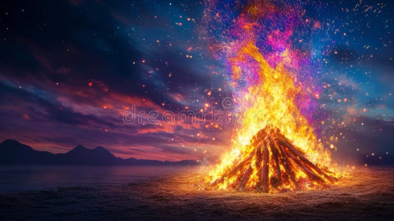 A Bonfire Blazing Under a Starry Night Sky Stock Illustration ...