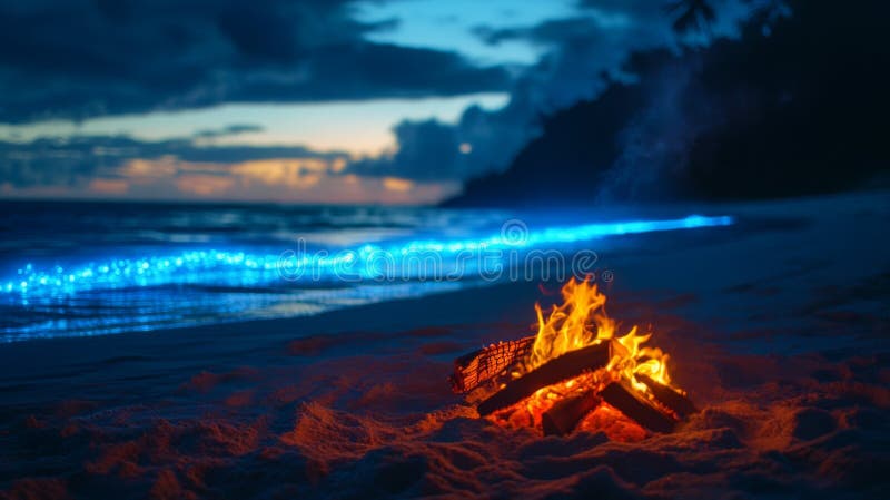 A Bonfire Burning on a Beach with Bioluminescent Waves Stock ...