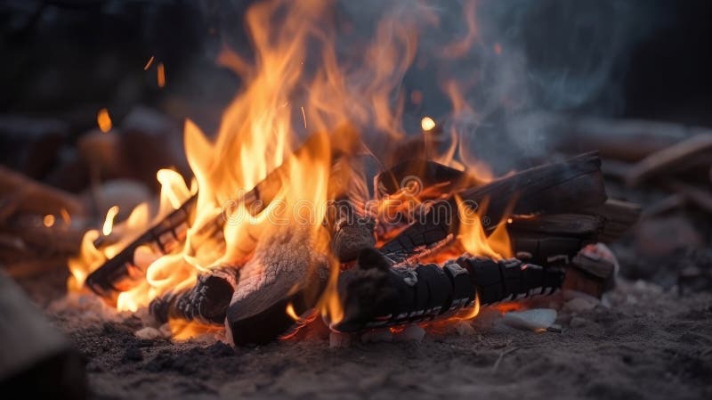 Bonfire Burning Down in the Forest Autumn, Flame Sticks and Coals in ...