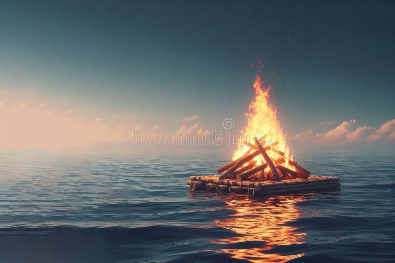 A Bonfire Burning on a Floating Raft in the Open Sea. Space for Text ...