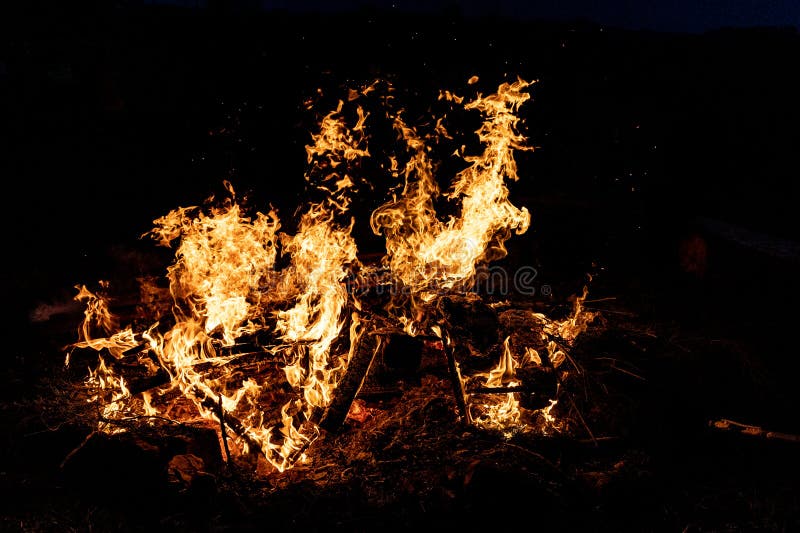 A Bonfire is Burning Outside at Night Stock Image - Image of fuel, fire ...