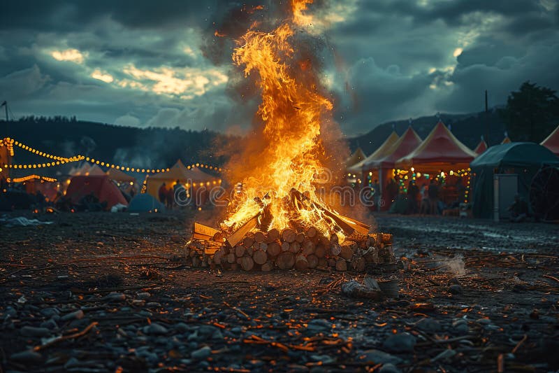 Bonfire is Burning in a Pile of Firewood in Front of the Tents Stock ...