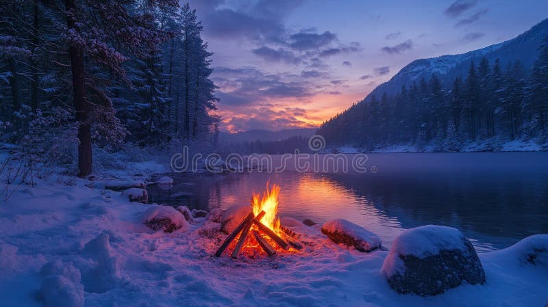 A Bonfire Burns Brightly on a Snow-covered Lakeshore with a Mountain ...