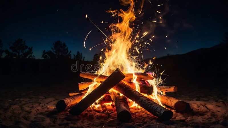 Bonfire Close-Up at Night in Open Field - Warm Glow & Flickering Flames ...