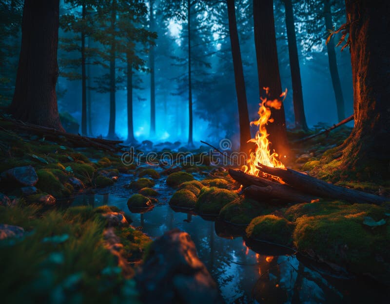 Bonfire in the dark forest stock photo. Image of burn - 293870700