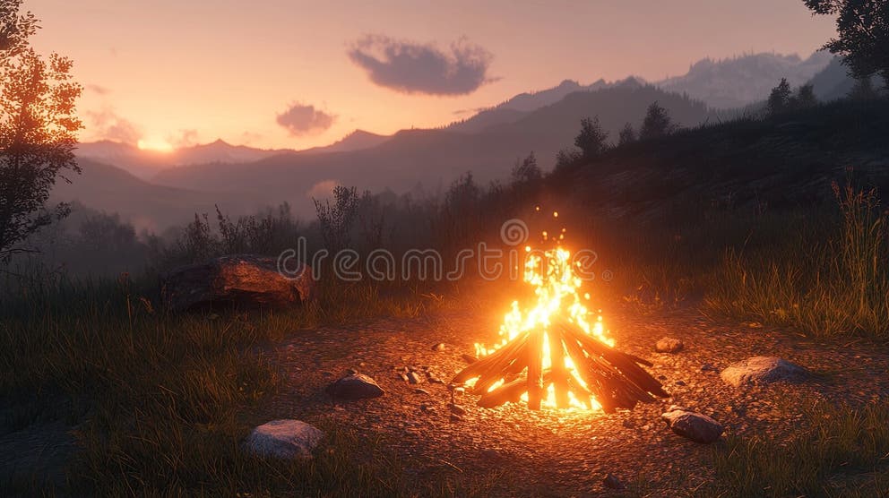 Bonfire at Dusk, Realistic, Cinematic Light, Sharp Focus. Stock Image ...