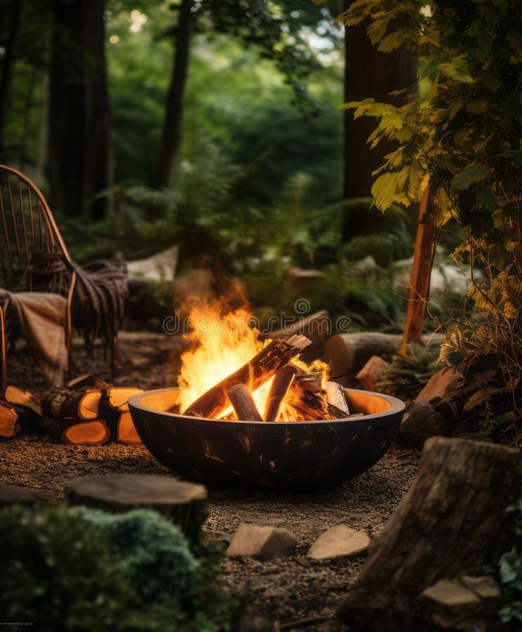 A Bonfire with Firewoods in the Forest Next To a Chair and Table Stock ...