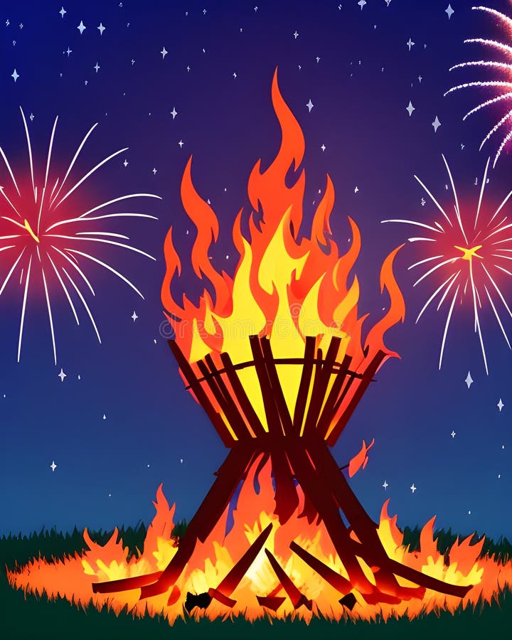 Bonfire and fireworks stock illustration. Illustration of event - 293201527