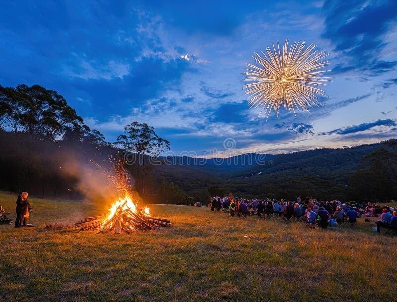 Bonfire, Fireworks, and Mountain View Stock Illustration - Illustration ...