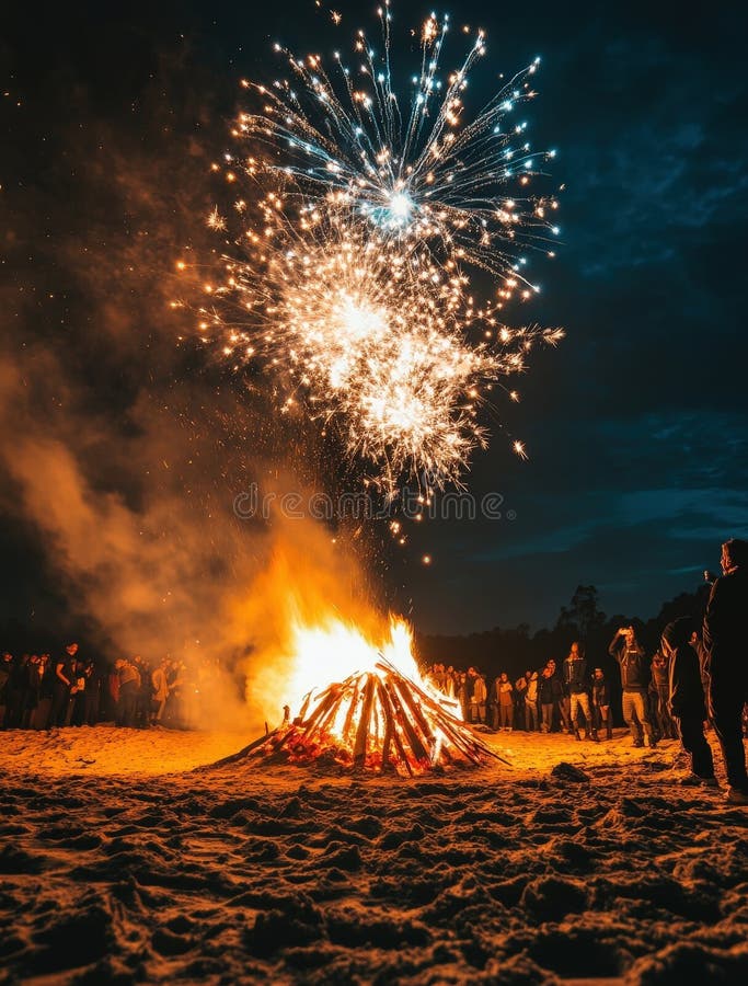 Bonfire and Fireworks at Night Stock Illustration - Illustration of ...