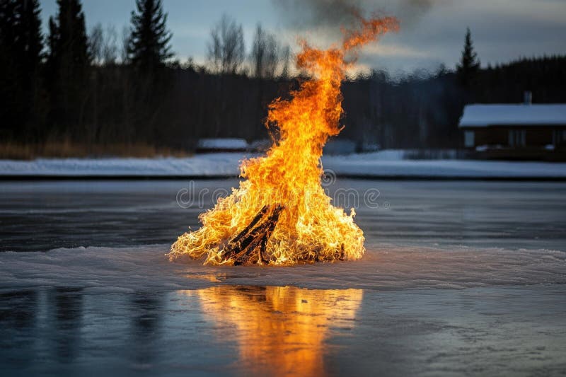 Bonfire Frozen Lake Snowy Forest Background Dusk Stock Photos - Free ...