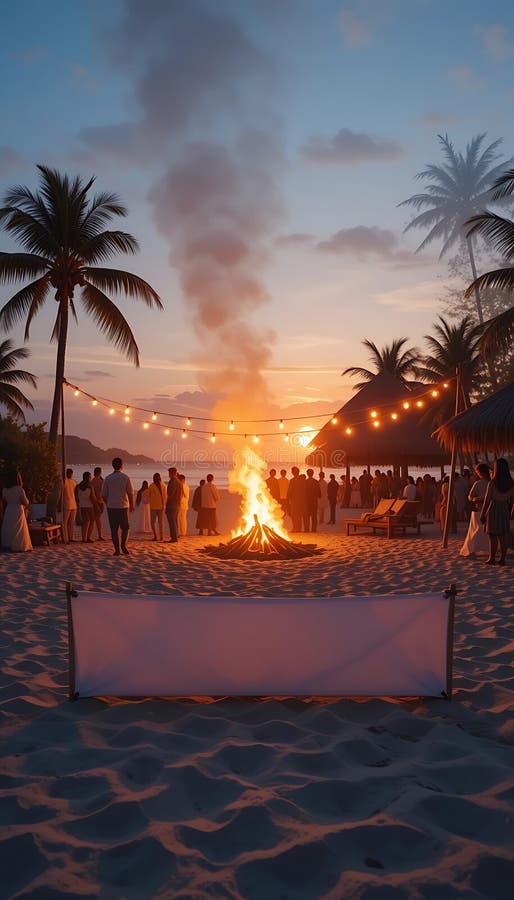 Bonfire Gathering at Sunset on Tropical Beach with Blank Banner Stock ...