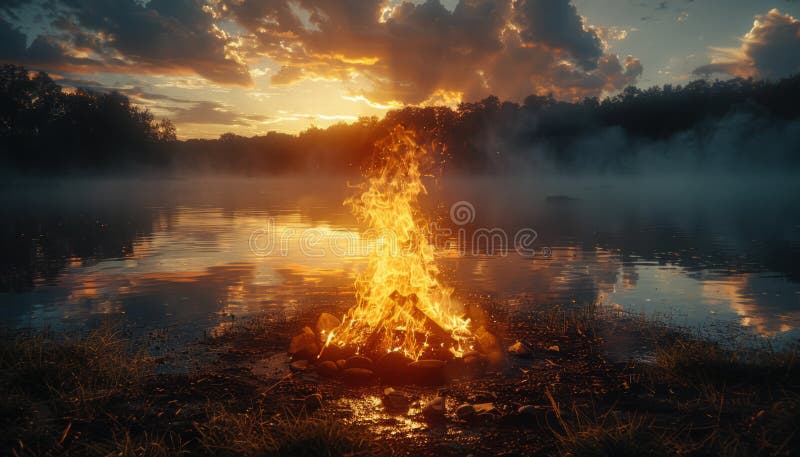 Bonfire on the Lake Shore at Sunset Stock Photo - Image of beautiful ...