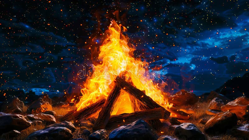 A Bonfire in the Middle of a Field of Rocks Under a Starry Sky Stock ...