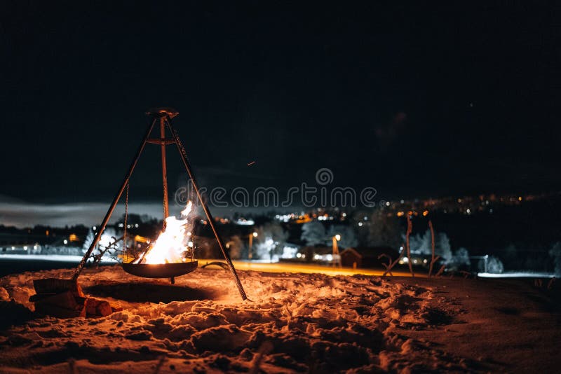 Bonfire in the Middle Snow at Night Stock Image - Image of nature ...