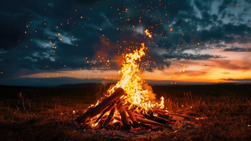 Bonfire at Night. Flames of Fire Against Cloudy Sky at Sunset. Campfire ...