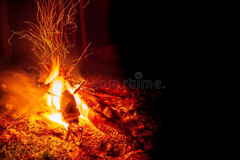 Bonfire at Night in the Forest, Sparks from a Fire, Night Campfire with ...