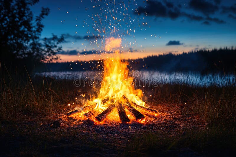 Bonfire on the River Bank at Night. Bokeh from the Fire. Stock Image ...