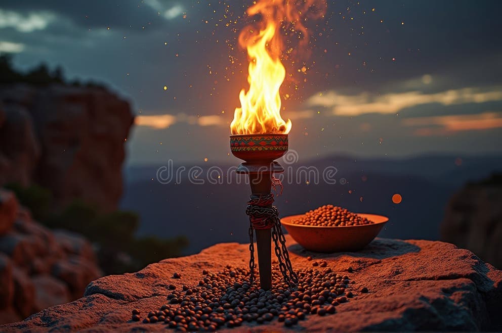 Bonfire on Rustic Bowl Against Mountain Landscape at Sunset Stock Photo ...