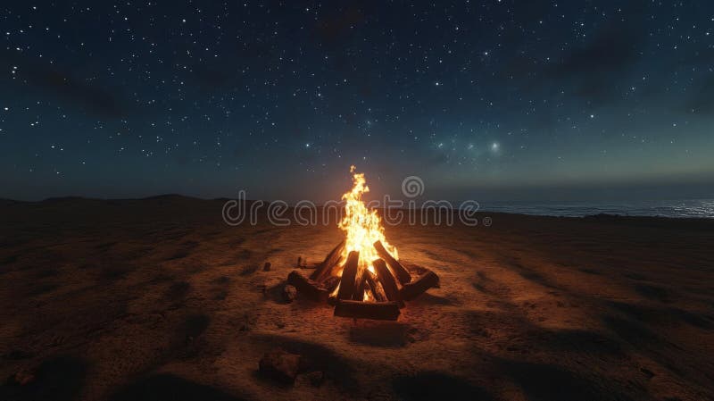 Bonfire on a Sandy Beach Under a Starry Night Sky Stock Illustration ...